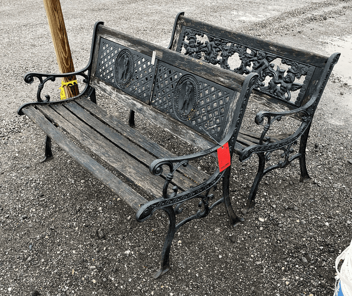 (2) Outdoor wood/cast iron benches, cherub and golf designs, 48 1/2"W ...