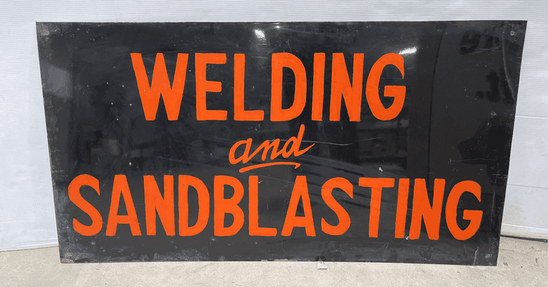 "Welding and Sandblasting", sign, 4'L, excellent, very heavy steel ...