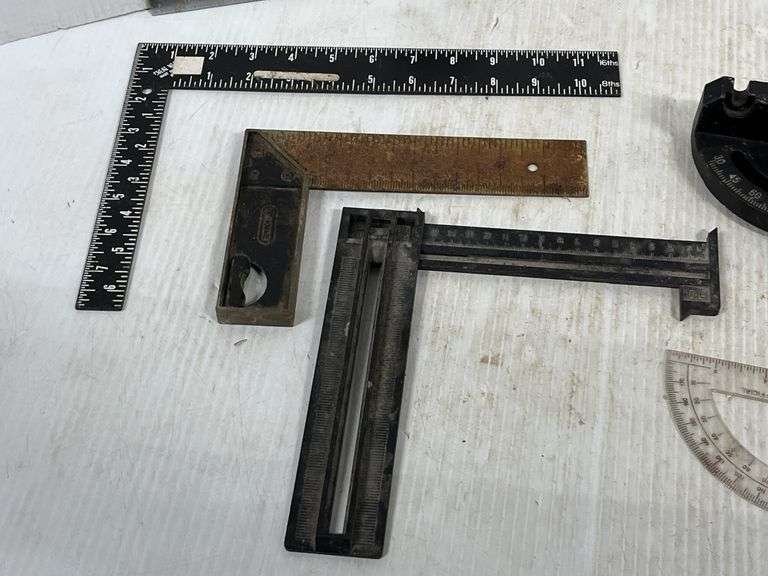 (8) Metal scales and squares, some with levels, with plastic protractor ...