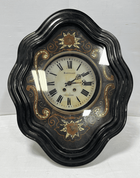 French Bakers Clock, with ornate inlaid mother of pearl and wood design ...