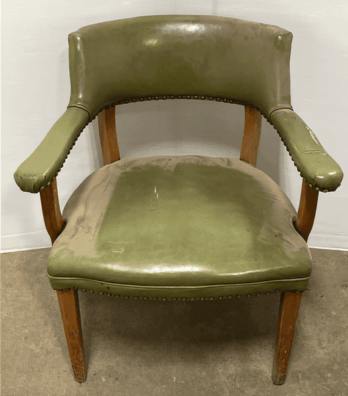 Green faux leather chair with metal studs, ring back design, fabric is ...