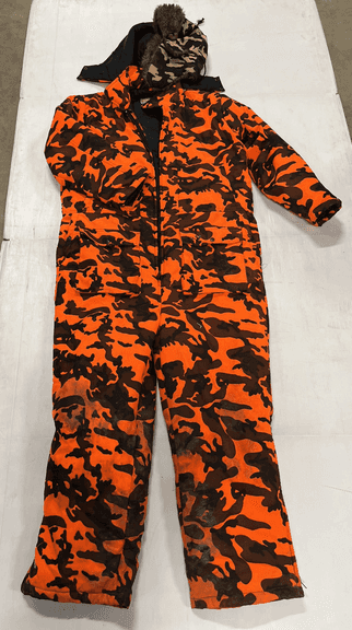 Winchester orange camo hunting coveralls, size XL; Winter trapper hat ...