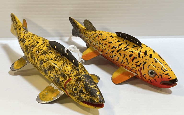 Pike decoy, hand carved by Dick Jones, painted wood with metal fins ...
