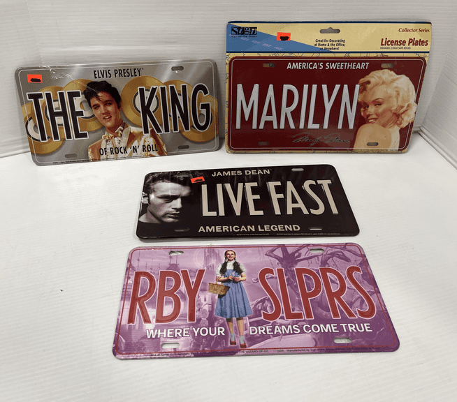 (4) Metal collectors vanity license plate signs, Elvis, James Dean ...