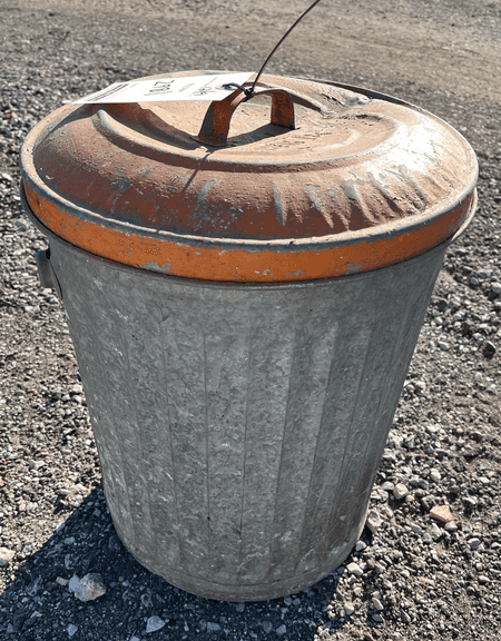 Metal trash can with orange lid, 18" x 15", dented lid - Albrecht ...