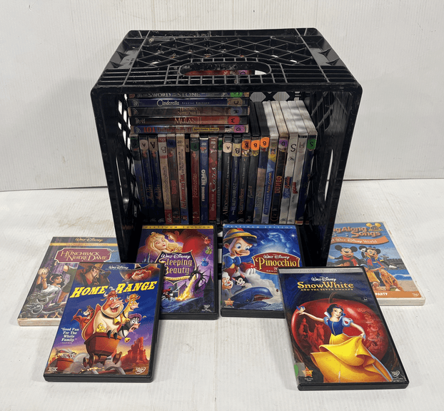 Milk crate full of Disney DVDs, good - Albrecht Auction Service