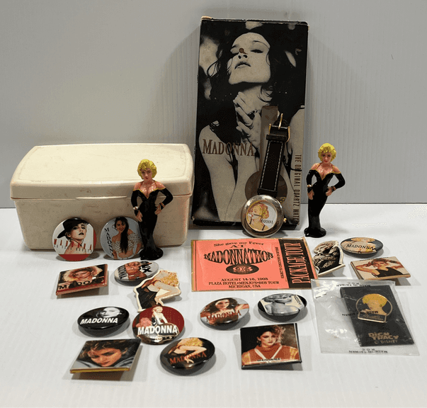 Madonna collectibles, include: 1989 Watch, and Older Madonna pins ...