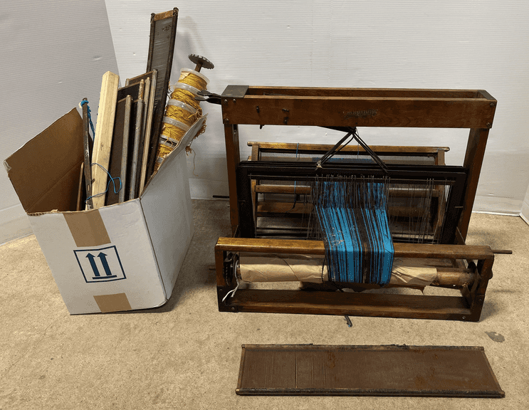 Antique table loom, includes: (8) Loom reeds, (3) Shuttles, Loom spool ...