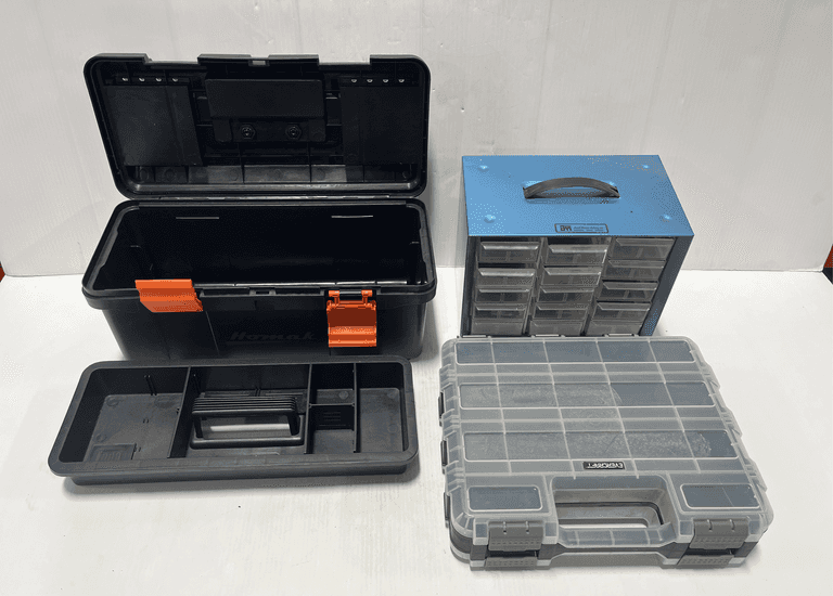 Tool box and organizers, include: Akro Mils bin, Evercraft organizer ...