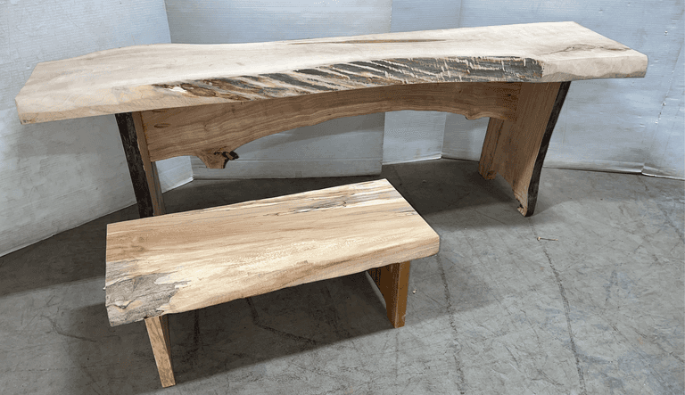 Maple bench, live edge, 13 1/2" to 15"W x 52"L x 18"H; Maple stool ...
