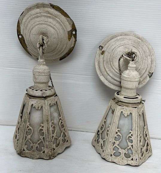 Pair of (2) Antique hanging light fixtures with ornate frame shade and ...