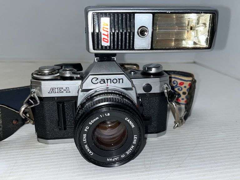 Canon AE-1 camera with flash, 541291, 5 1/2" x 3" x 1", circa 1990s ...