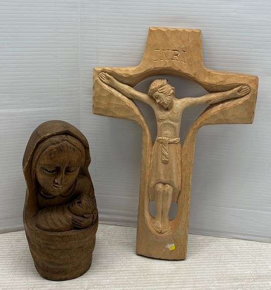 Old hand carved wood crucifix, and Madonna with child cross figure, 8 ...