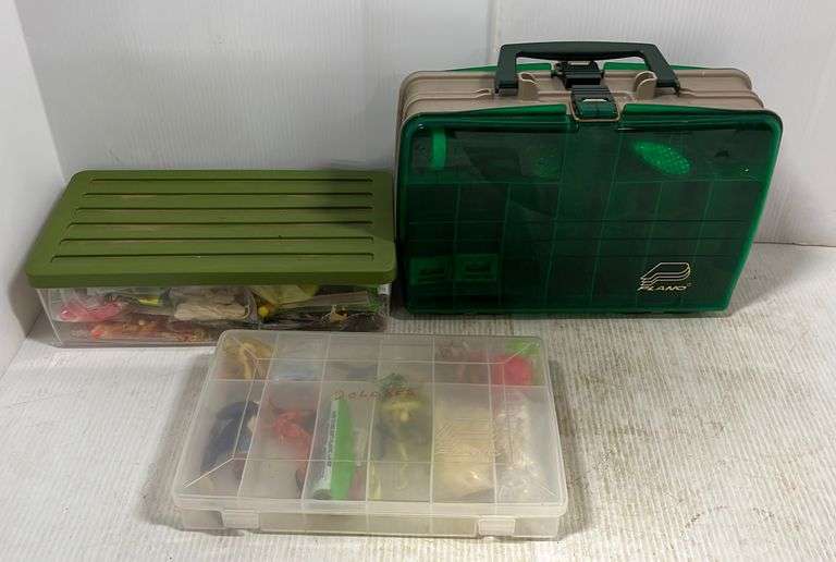 (2) Side Plano tackle boxes with assorted hooks, (2) Boxes full of soft ...