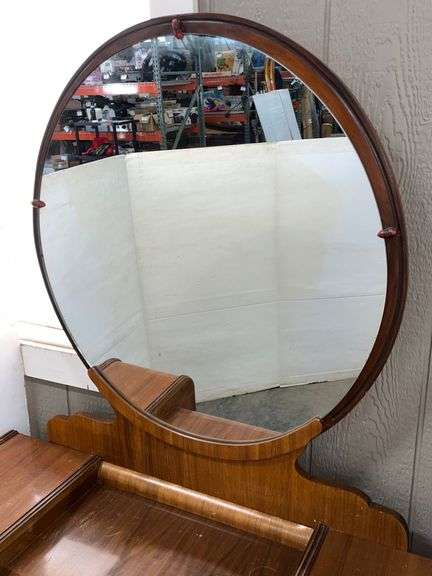Older waterfall 4-drawer vanity with mirror by Hooker Bassett, has cut ...