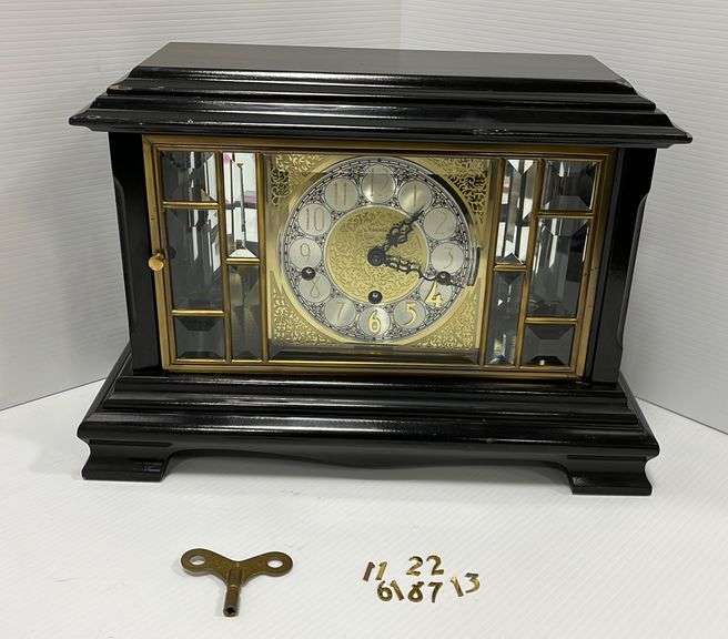 Ansonia Model 315 black beveled glass chiming mantel clock, 15 1/2"W x ...