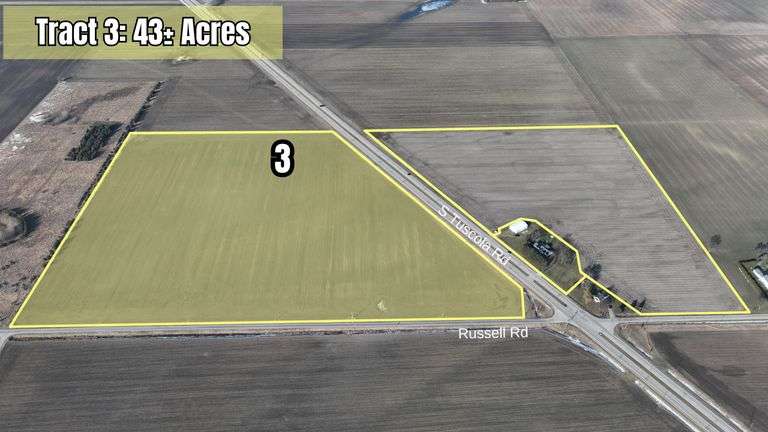 TRACT 3: Approx. 43 Acres +/-. The FSA map shows approx. 43.08 Ac ...