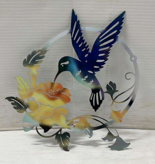 Metal hummingbird getting pollin cut out, approx. 10" x 12", color ...