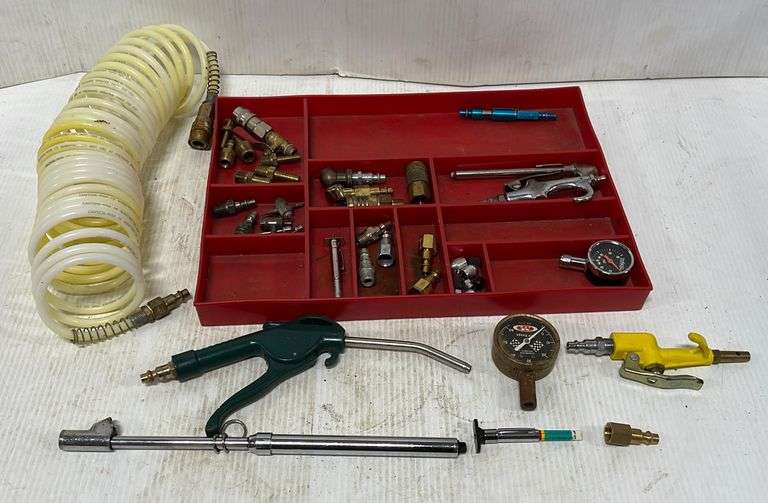 Tray of air fittings, hose, and gauges - Albrecht Auction Service