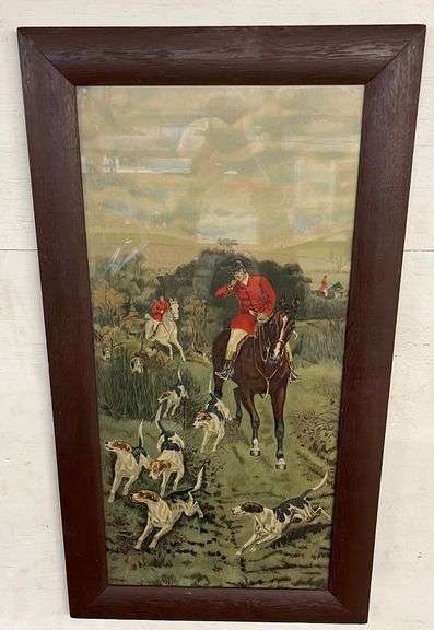 Antique hunt scene print, original wood frame, 17"W x 31"H, mint ...
