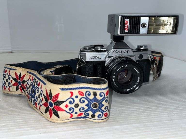 Canon AE-1 camera with flash, 541291, 5 1/2" x 3" x 1", circa 1990s ...