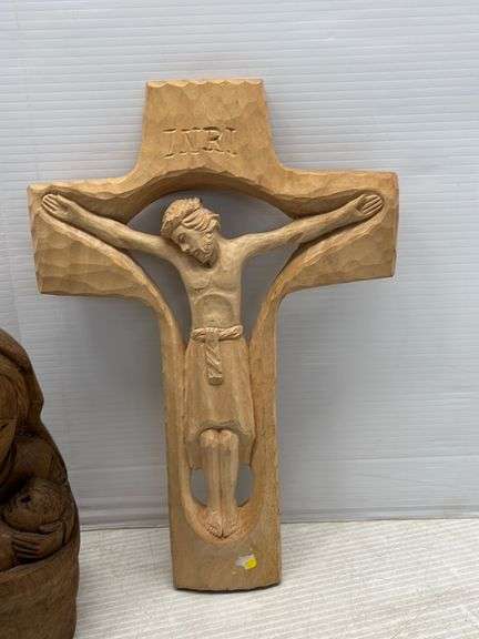 Old hand carved wood crucifix, and Madonna with child cross figure, 8 ...