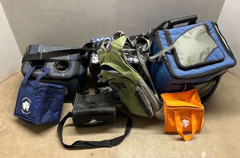 (7) Coolers, soft side, various sizes, includes: 1- Rolling with handle ...