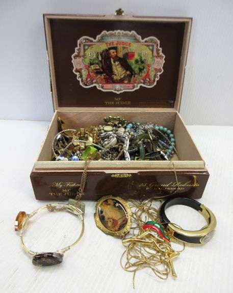 Jewelry in a collectible wooden cigar box, box- 8 3/4"W x 6"D x 3"H ...