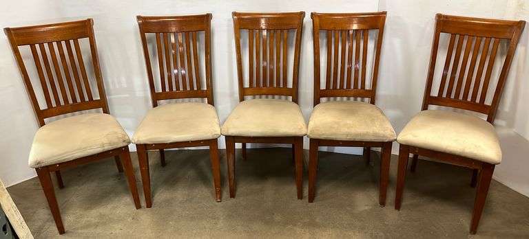 (5) Maple chairs with soft tan fabric cushioning, frame reinforced, 18 ...