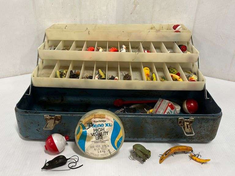 Old Pal tackle box with over (40) fishing lures, 19"W x 8"D x 7"H, good ...
