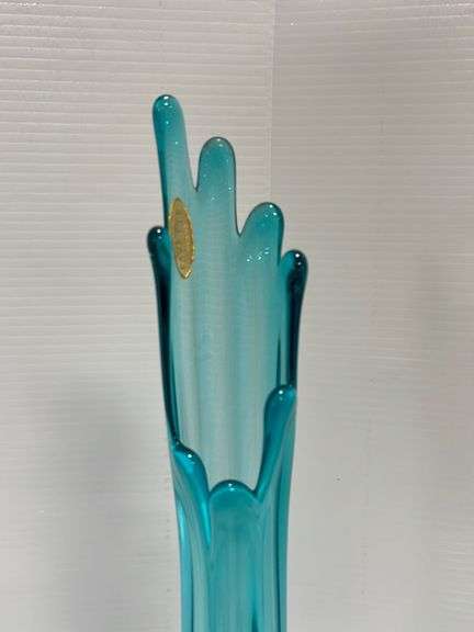 Mid Century Swung Fayette Glass Peacock Blue Vase 15h Excellent Albrecht Auction Service