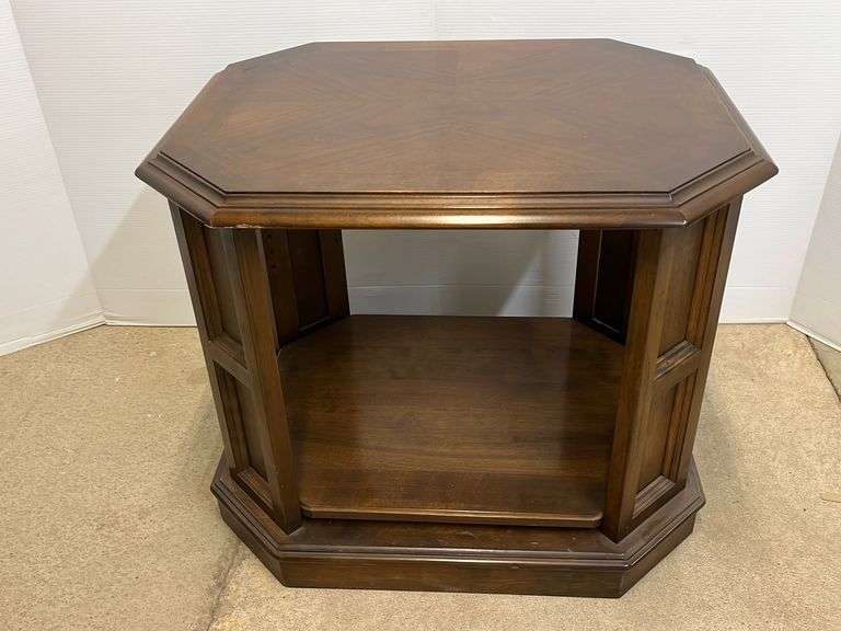 Three-level end table, 26"W x 20"D x 21"H, missing pegs for middle ...