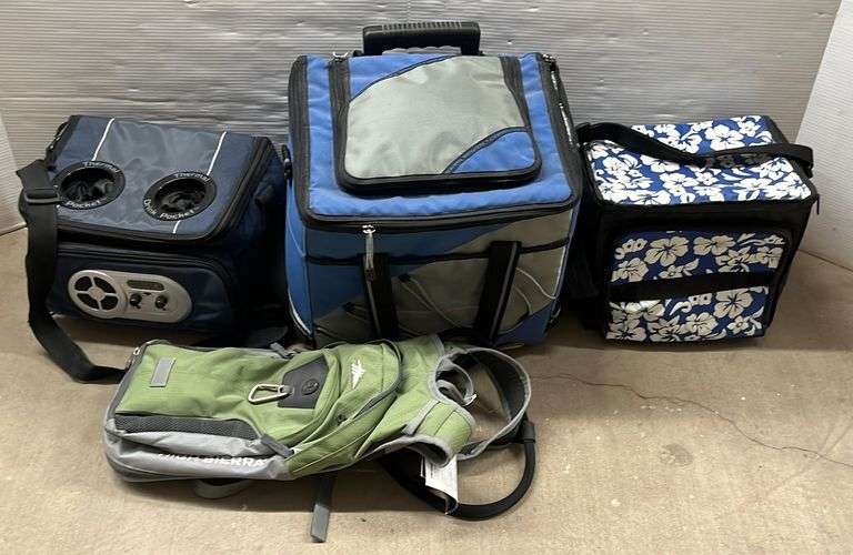 (7) Coolers, soft side, various sizes, includes: 1- Rolling with handle ...