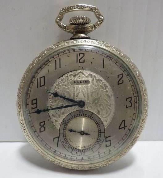 Antique Elgin pocket watch, open face with elaborate engraving, blue ...