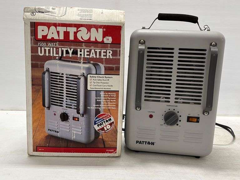Patton utility heater, box- 15"H, good - Albrecht Auction Service