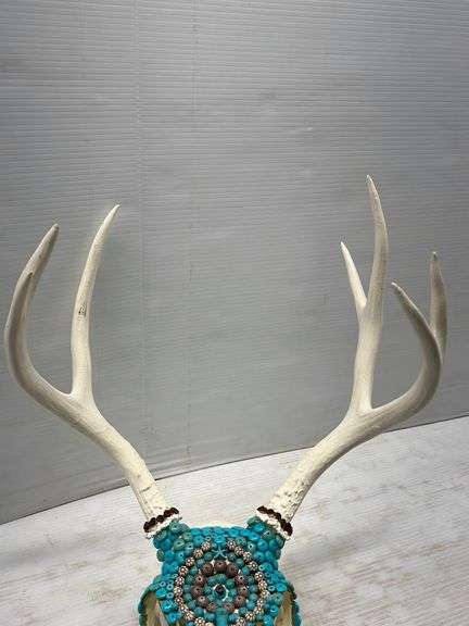Navajo turquoise bead encrusted deer head with antlers, used, good, 13 ...