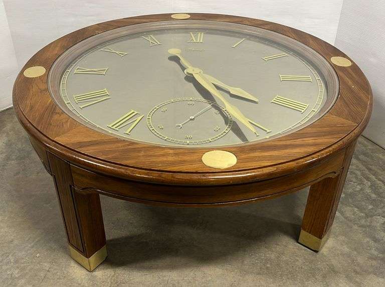 Ridgeway coffee table clock, 39"DIA x 16"H, some finish loss to wood ...