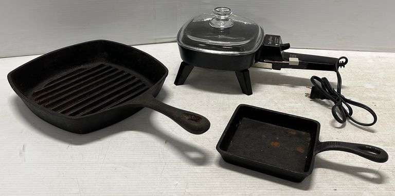 (3) Skillets, include: 10" Square Emeril cast iron griddle, 5" Square ...