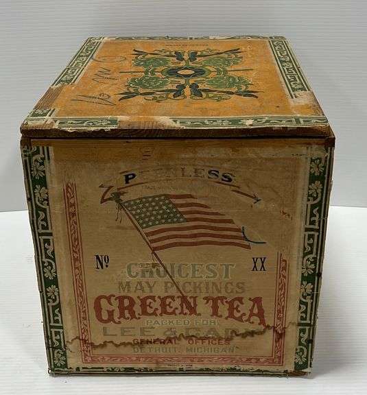Antique tea box, 14" x 11" x 10 1/2"H, top is marked "Packed in Japan ...