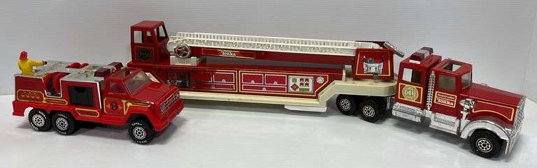 (2) Vintage Fire Trucks: 1- Tonka pressed steel engine No. 9 metal ...