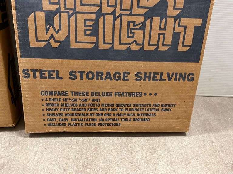 Set of (2) heavy duty 4-tier steel home E-Quip storage shelf, 12" x 30" x 60", both- NOS ...