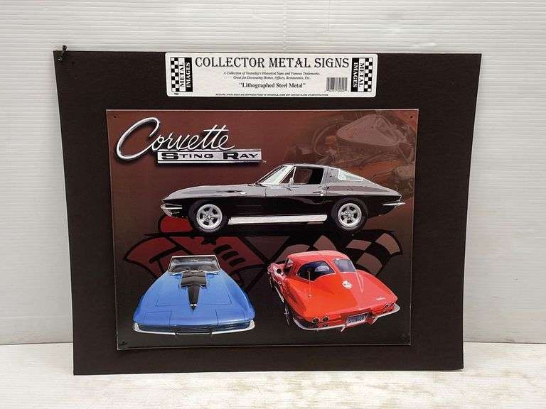 Collector metal sign, lithographed steel metal, "Corvette Stingray", 15 ...