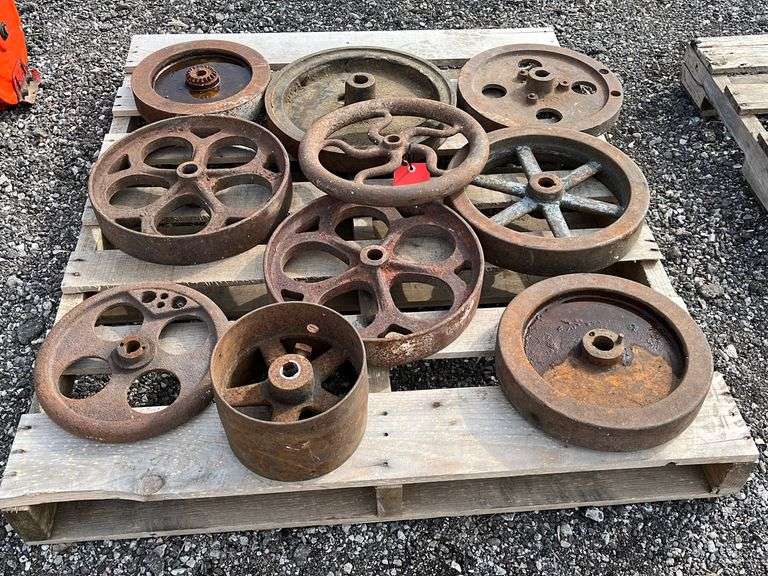 (10) Old steel wheels, includes flywheels, warehouse cart wheels, and ...