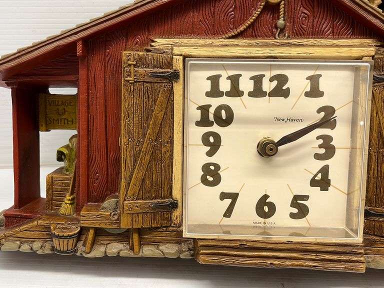 Older burwood barn clock, 23"W x 11"H, works - Albrecht Auction Service