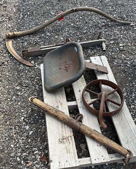 (6) Antique Farm Items, includes: Sythe, tractor seat, planter, iron ...