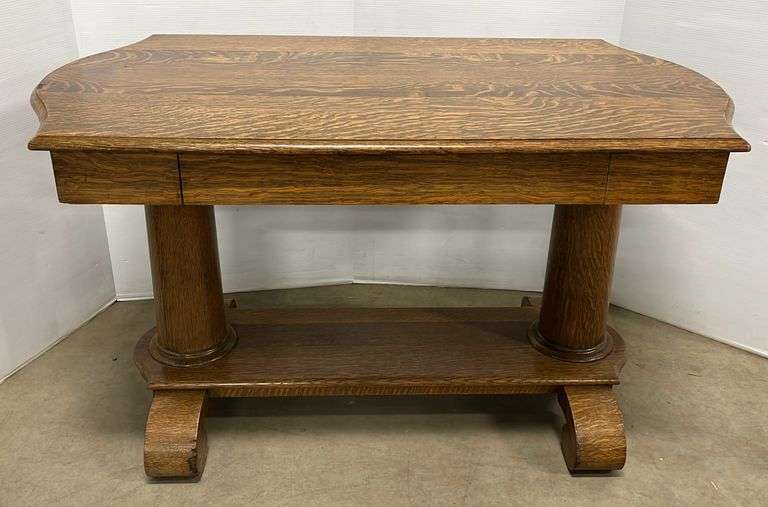 Mission style library table with pillar legs and scrolled feet, very ...