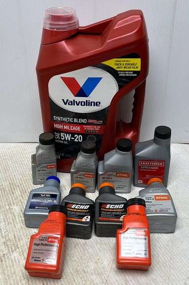 Jug of Valvoline motor oil, and misc. 2-stroke oils, include: STIHL and ...