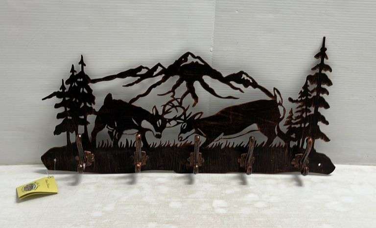 Metal art coat hanger, bronze color, wood scene, 24"L, NWT - Albrecht ...