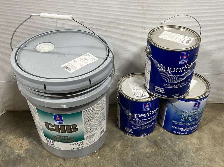 5-Gallons of "Pella White"; (2) One-gallon beige semi-gloss; (1) Gallon ...