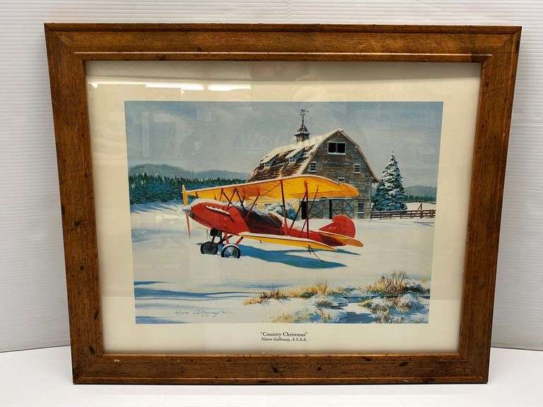 Framed Nixon Galloway airplane print, "Country Christmas", 23"W x 19"H ...